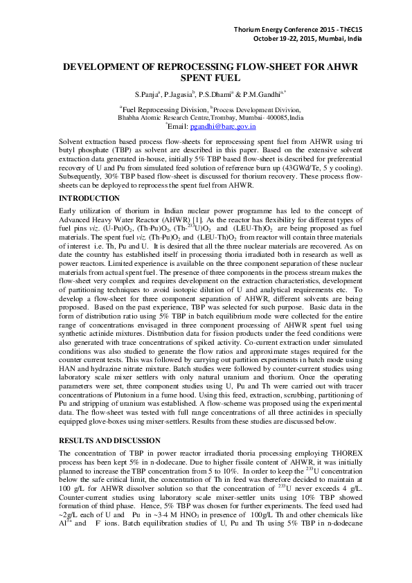 (PDF) Development of Reprocessing Flow-Sheet for Ahwr Spent Fuel