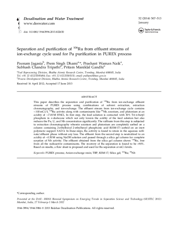 (PDF) Separation and purification of 106 Ru from effluent streams of ...