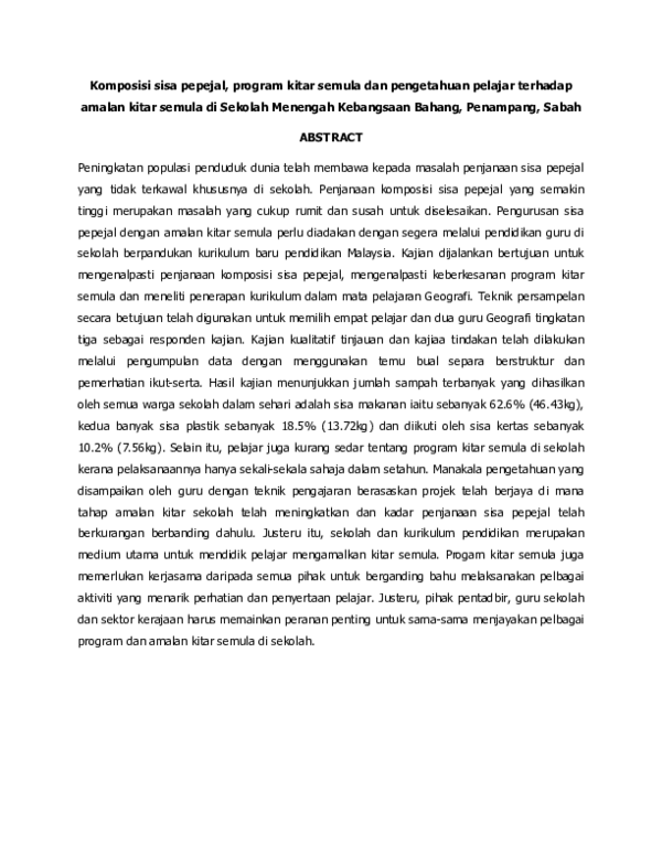 Pdf Komposisi Sisa Pepejal Program Kitar Semula Dan Pengetahuan