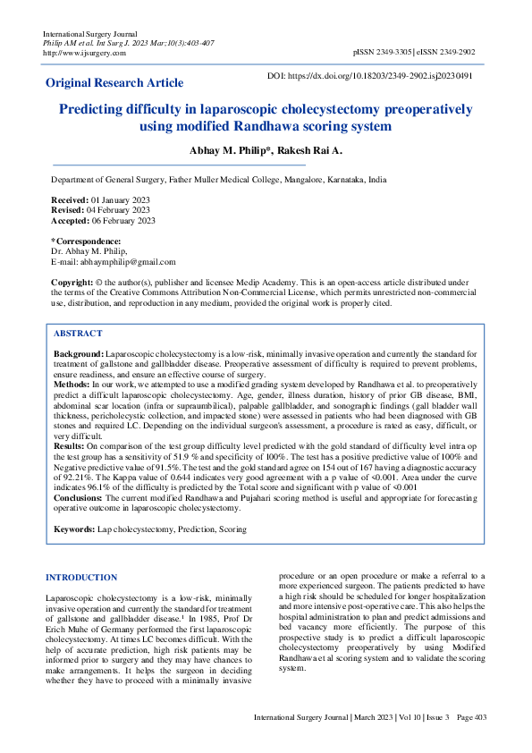 (PDF) Predicting difficulty in laparoscopic cholecystectomy ...
