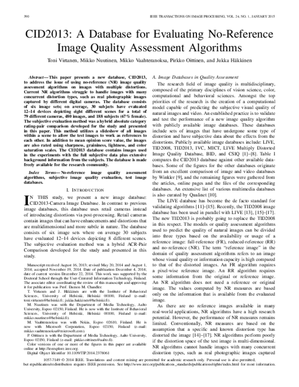 (PDF) CID2013: A Database for Evaluating No-Reference Image Quality Assessment Algorithms
