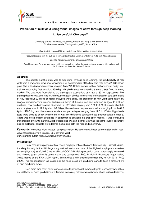 (PDF) Prediction of milk yield using visual images of cows through deep ...