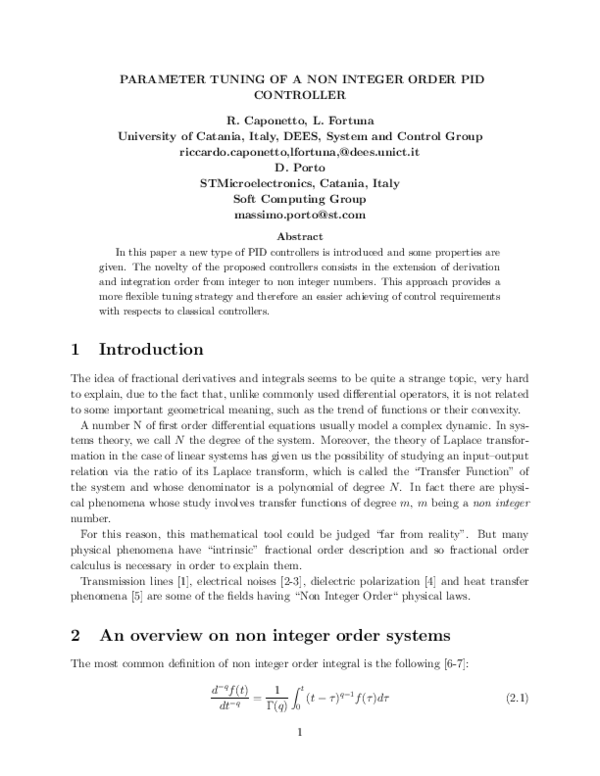 Pdf Parameter Tuning Of A Non Integer Order Pid Controller 