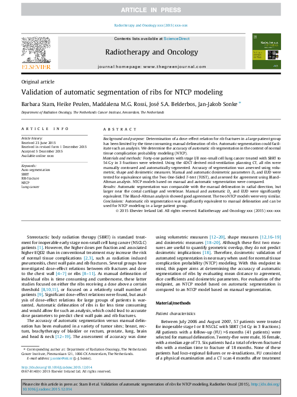 (PDF) Validation of automatic segmentation of ribs for NTCP modeling | José Belderbos - Academia.edu