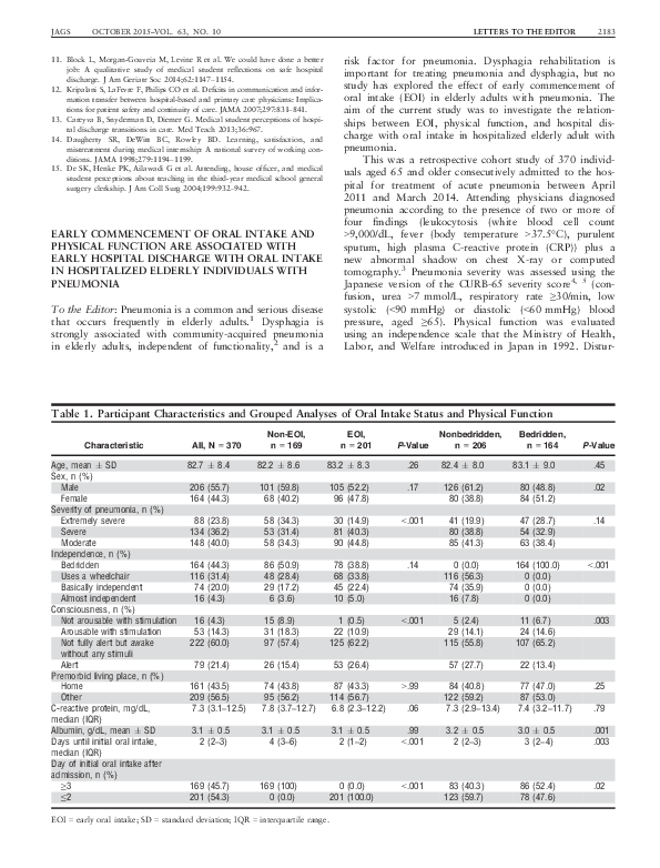 (PDF) Early Commencement of Oral Intake and Physical Function are ...