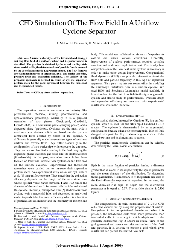 (PDF) CFD Simulation Of The Flow Field In A Uniflow Cyclone Separator
