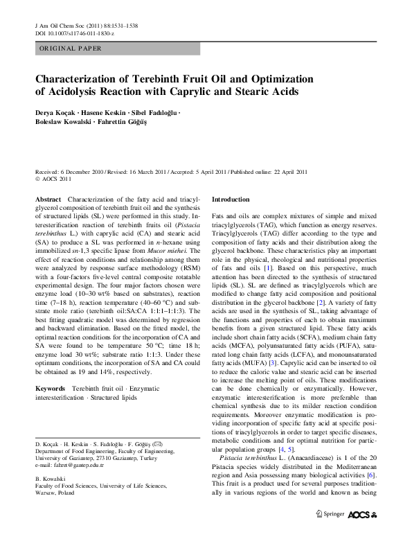 (PDF) Terebinth Oil: Optimization of Structured Lipids