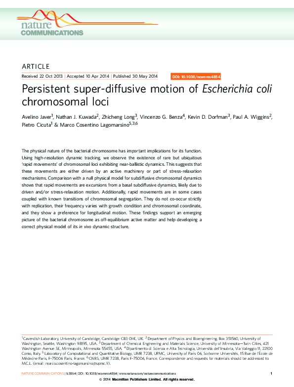 (PDF) Persistent super-diffusive motion of Escherichia coli chromosomal ...