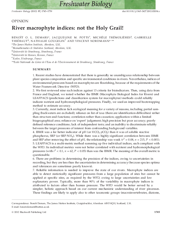 (PDF) River macrophyte indices: not the Holy Grail!