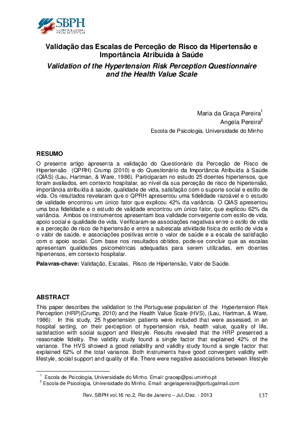 (PDF) Validation of the hypertension risk perception questionnaire and ...