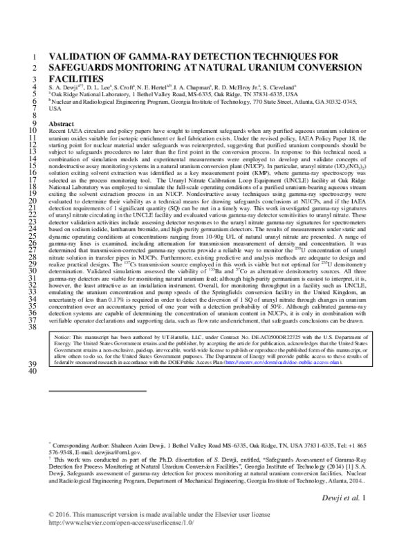 (PDF) Validation of gamma-ray detection techniques for safeguards monitoring at natural uranium ...