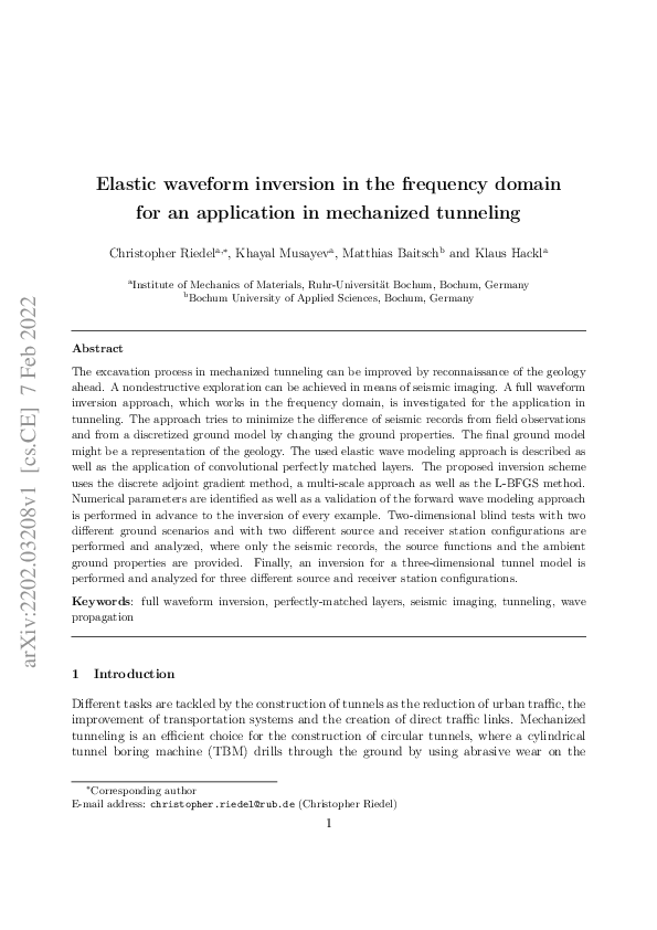 (PDF) Elastic waveform inversion in the frequency domain for an application in mechanized tunneling