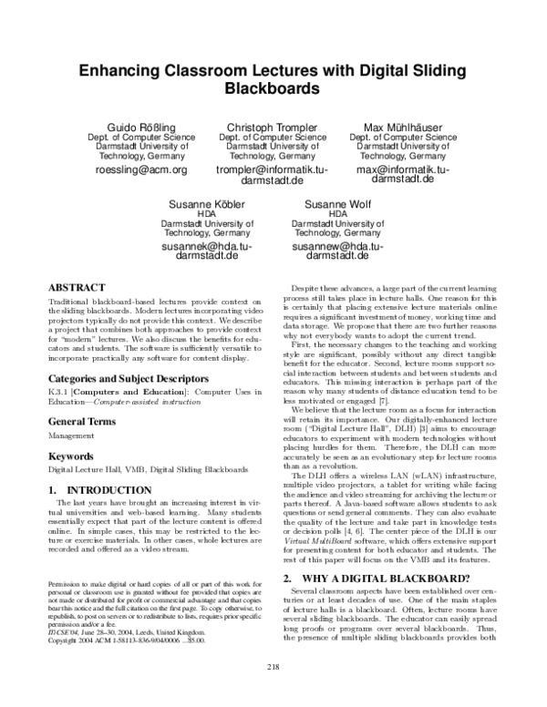 (PDF) Enhancing classroom lectures with digital sliding blackboards