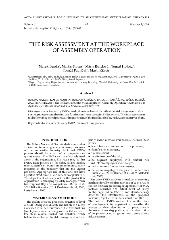 (PDF) The Risk Assessment at the Workplace of Assembly Operation