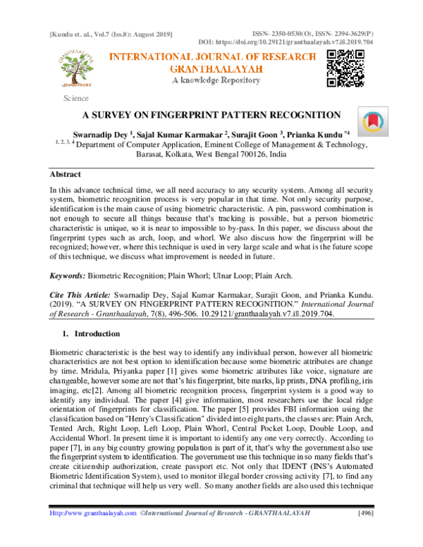 (PDF) A Survey on Fingerprint Pattern Recognition
