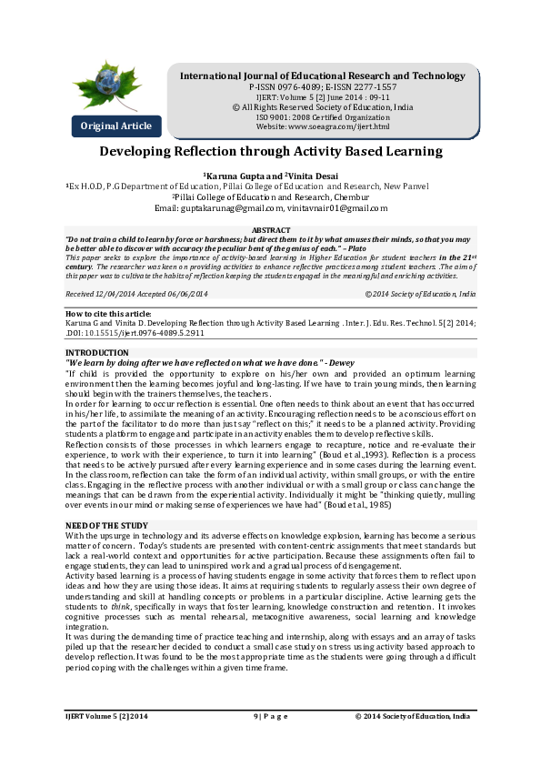 (PDF) Developing Reflection through Activity Based Learning