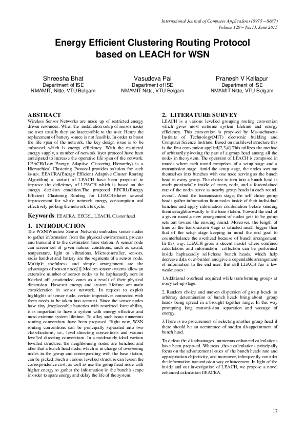 (PDF) Energy Efficient Clustering Routing Protocol based on LEACH for WSN | Prashant Chaudhary ...