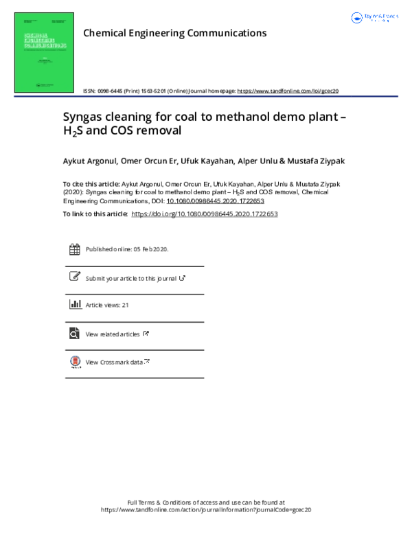 (PDF) Syngas cleaning for coal to methanol demo plant – H2S and COS removal