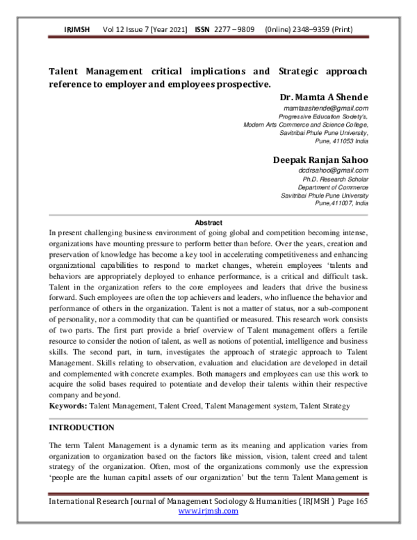 (PDF) Talent Management critical implications