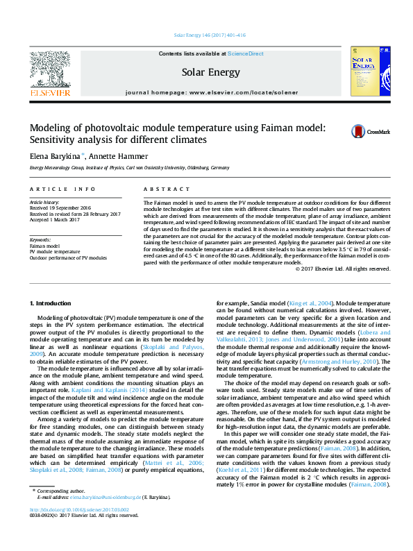 (PDF) Modeling of photovoltaic module temperature using Faiman model: Sensitivity analysis for ...