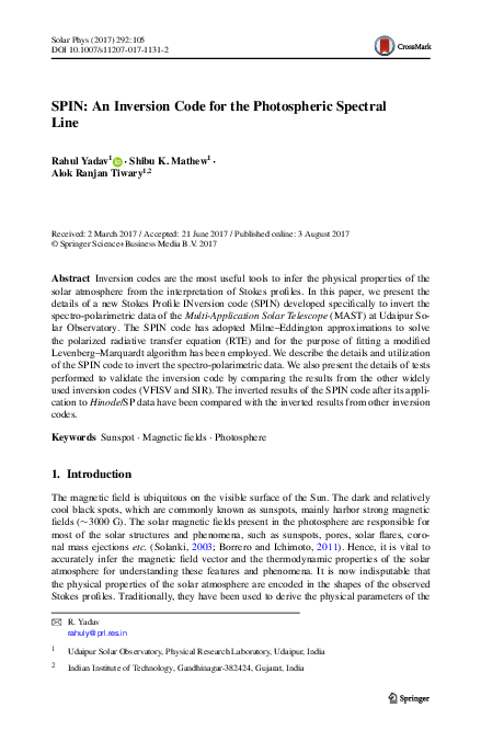 (PDF) SPIN: An Inversion Code for the Photospheric Spectral Line