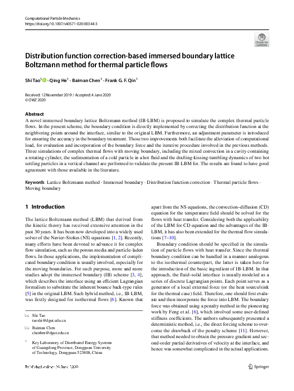 (PDF) Distribution function correction-based immersed boundary lattice Boltzmann method for ...