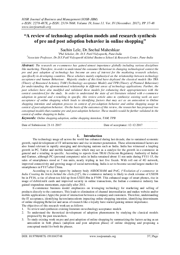 (PDF) A review of technology adoption models and research synthesis of ...