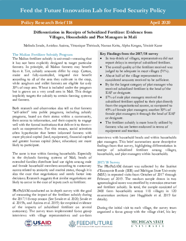 (PDF) Differentiation in Receipts of Subsidized Fertilizer: Evidence ...
