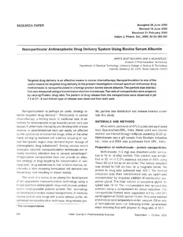 (PDF) Nanoparticular Antineoplastic Drug Delivery System Using Bovine ...