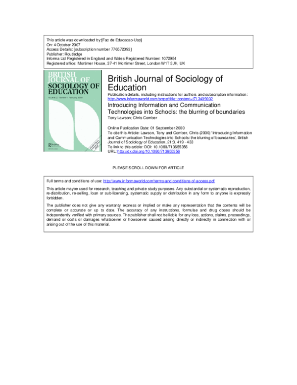 (PDF) Introducing Information and Communication Technologies into Schools: The blurring of ...