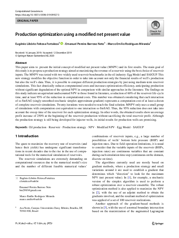 (PDF) Production optimization using a modified net present value