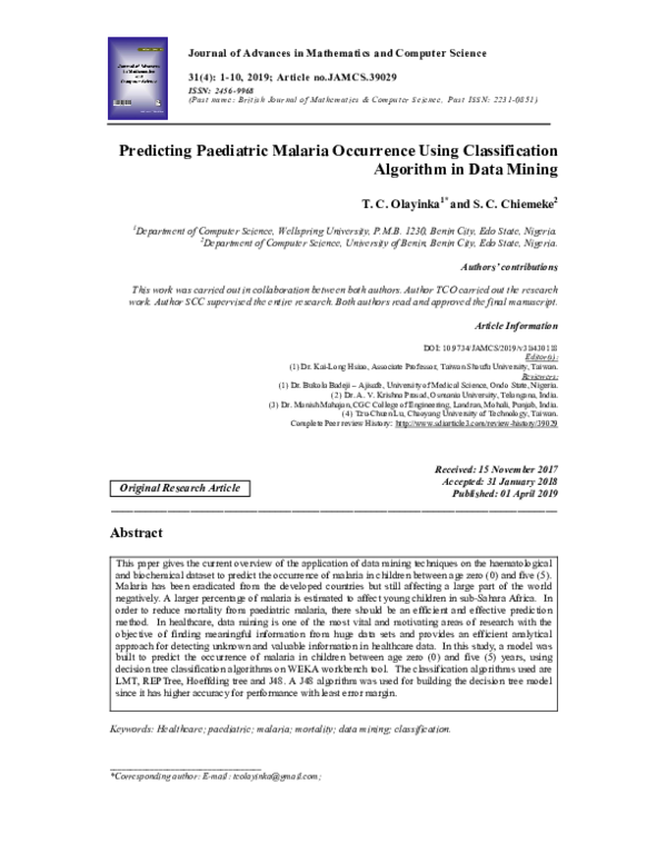 Pdf Predicting Paediatric Malaria Occurrence Using Classification Algorithm In Data Mining