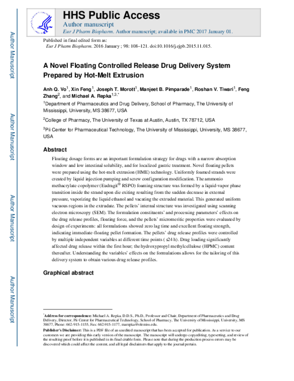 Pdf A Novel Floating Controlled Release Drug Delivery System Prepared By Hot Melt Extrusion