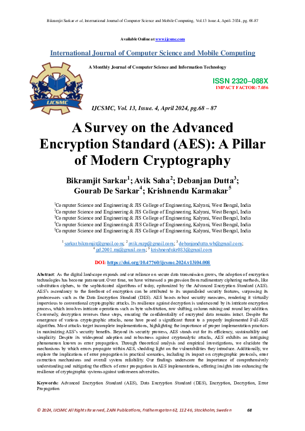 (PDF) A Survey on the Advanced Encryption Standard (AES): A Pillar of Modern Cryptography