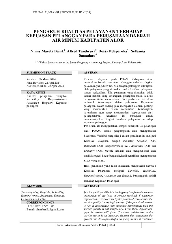 (PDF) PENGARUH KUALITAS PELAYANAN TERHADAP KEPUASAN PELANGGAN PADA PERUSAHAAN DAERAH AIR MINUM ...