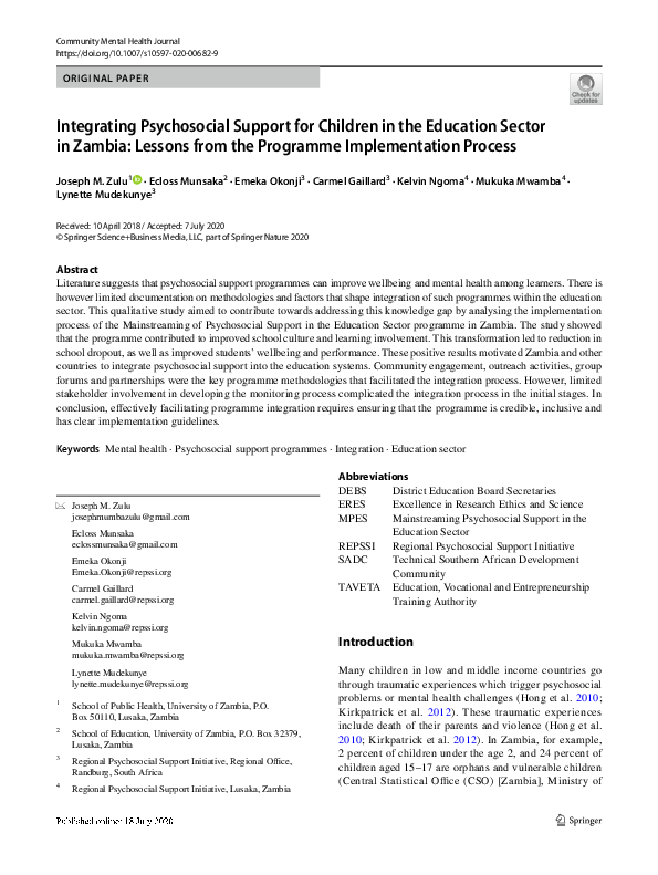 (PDF) Integrating Psychosocial Support for Children in the Education Sector in Zambia: Lessons ...