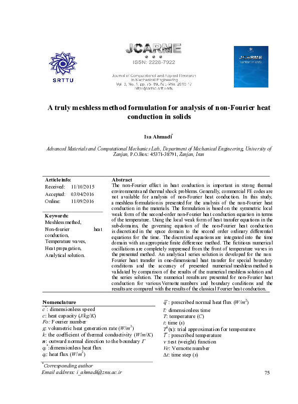 (PDF) A truly meshless method formulation for analysis of non-Fourier heat conduction in solids