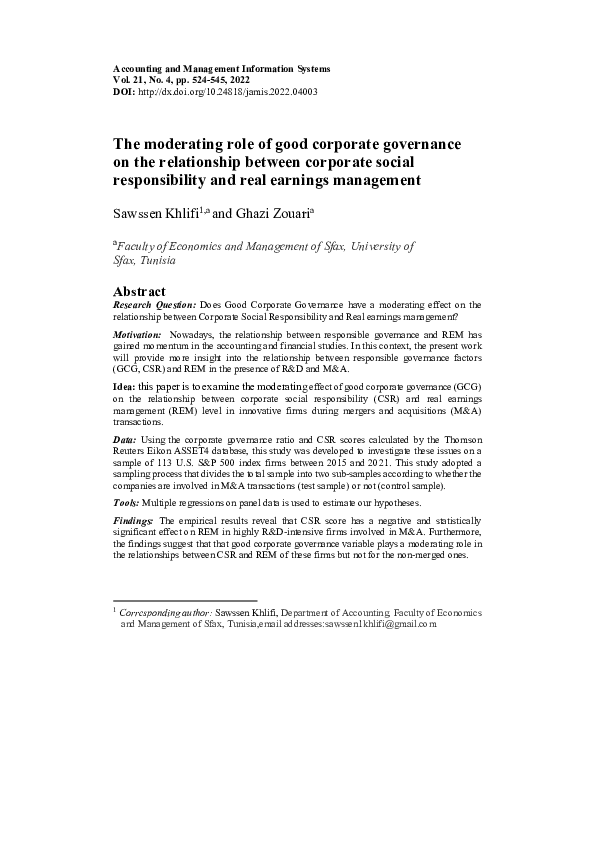 (PDF) The moderating role of good corporate governance on the relationship between corporate ...
