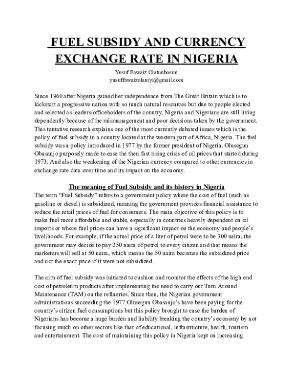 (PDF) FUEL SUBSIDY AND CURRENCY EXCHANGE RATE IN NIGERIA