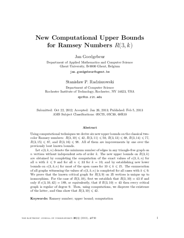 (PDF) New Computational Upper Bounds for Ramsey Numbers $R(3,k)$