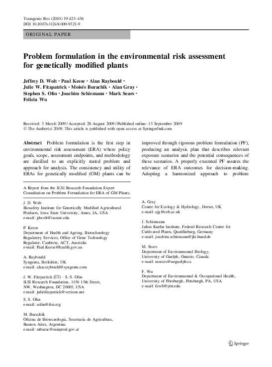 (PDF) Problem formulation in the environmental risk assessment for ...