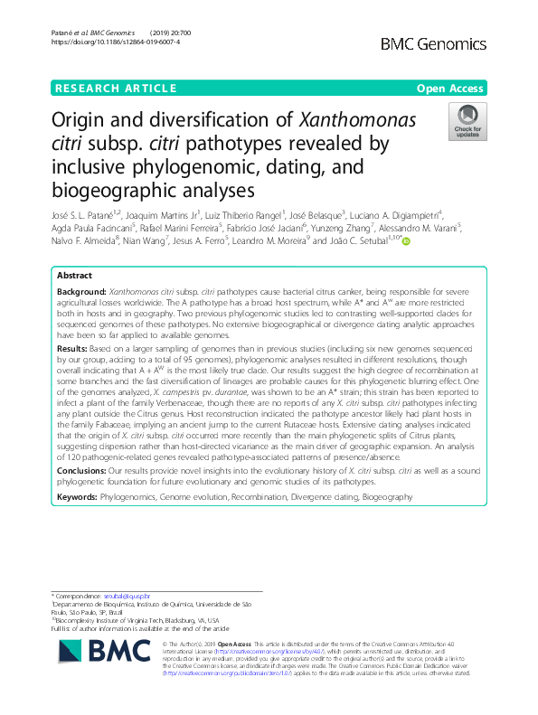 (PDF) Origin and diversification of Xanthomonas citri subsp. citri pathotypes revealed by ...