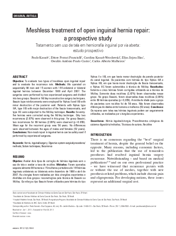 (PDF) Meshless treatment of open inguinal hernia repair: a prospective ...