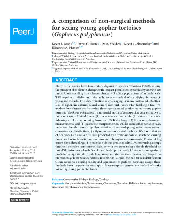 (PDF) A comparison of non-surgical methods for sexing young gopher tortoises ( Gopherus polyphemus )