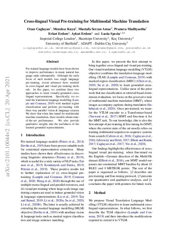 (PDF) Cross-lingual Visual Pre-training for Multimodal Machine Translation