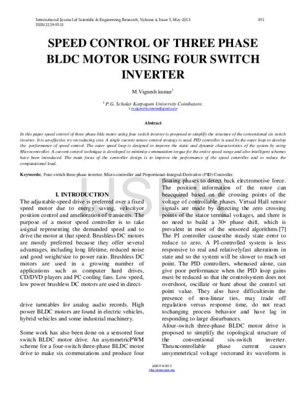 (PDF) Speed Control of Three Phase BLDC Motor Using Four Switch Inverter