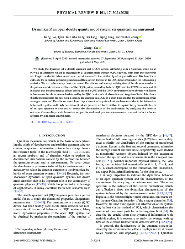(PDF) Dynamics of an open double quantum dot system via quantum measurement