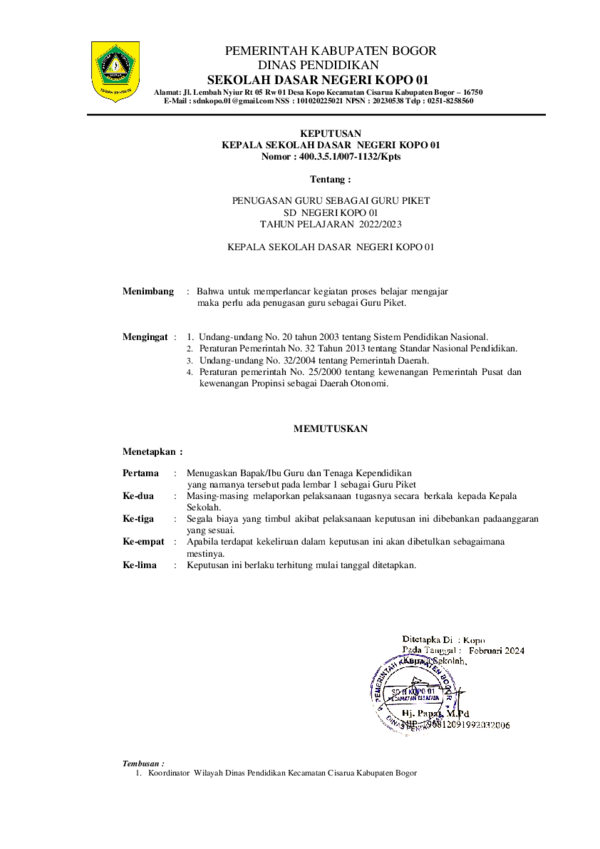 (PDF) contoh SK Penugasan Guru sebagai Guru Piket
