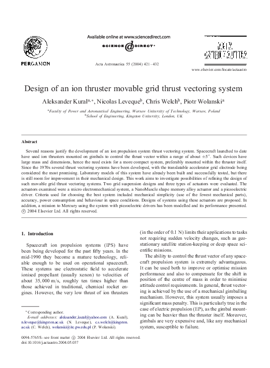 (PDF) Design of an ion thruster movable grid thrust vectoring system