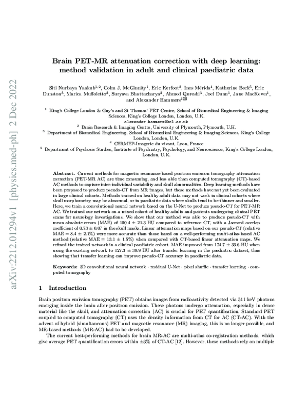 (PDF) Brain PET-MR attenuation correction with deep learning: method validation in adult and ...